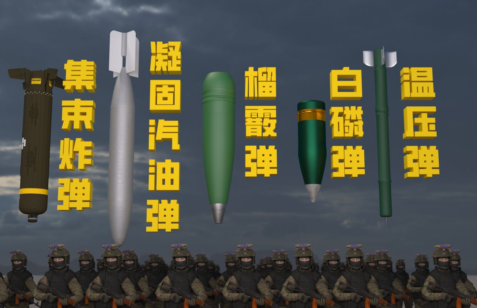 集束炸弹、凝固汽油弹、榴霰弹、白磷弹、温压弹都是怎么工作的?