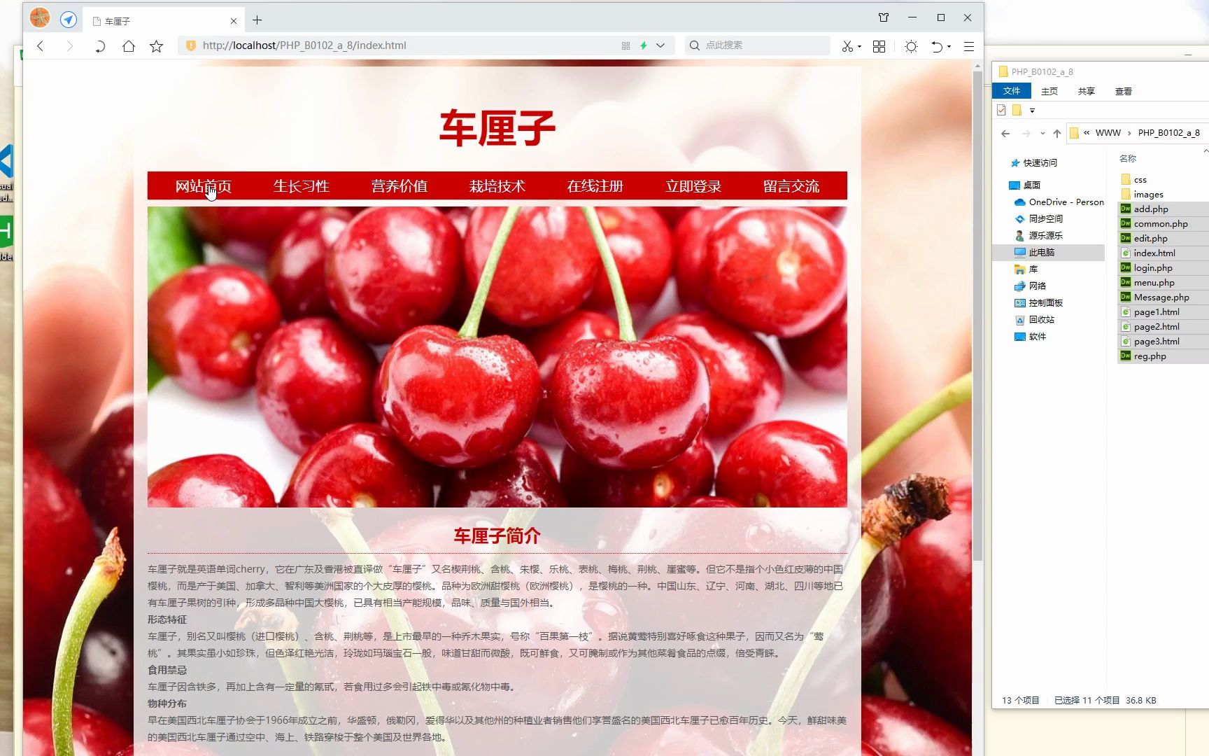 PHP动态网页成品 PHP网页作业 车厘子 8页面 植物水果科普系列 樱桃 ...