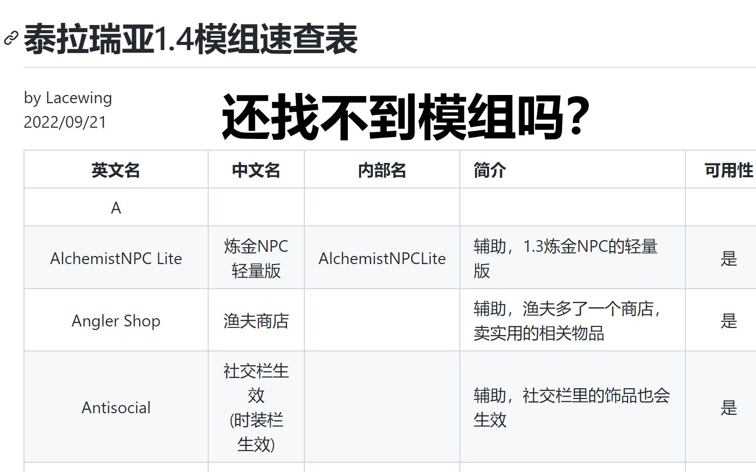 [泰拉瑞亚]1.4模组速查表?!愿找模组不再是问题