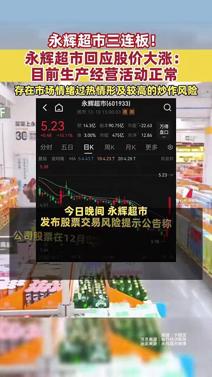 永辉超市三连板!永辉超市回应股价大涨:目前生产经营活动正常存在市场情绪过热情形及较高的炒作风险