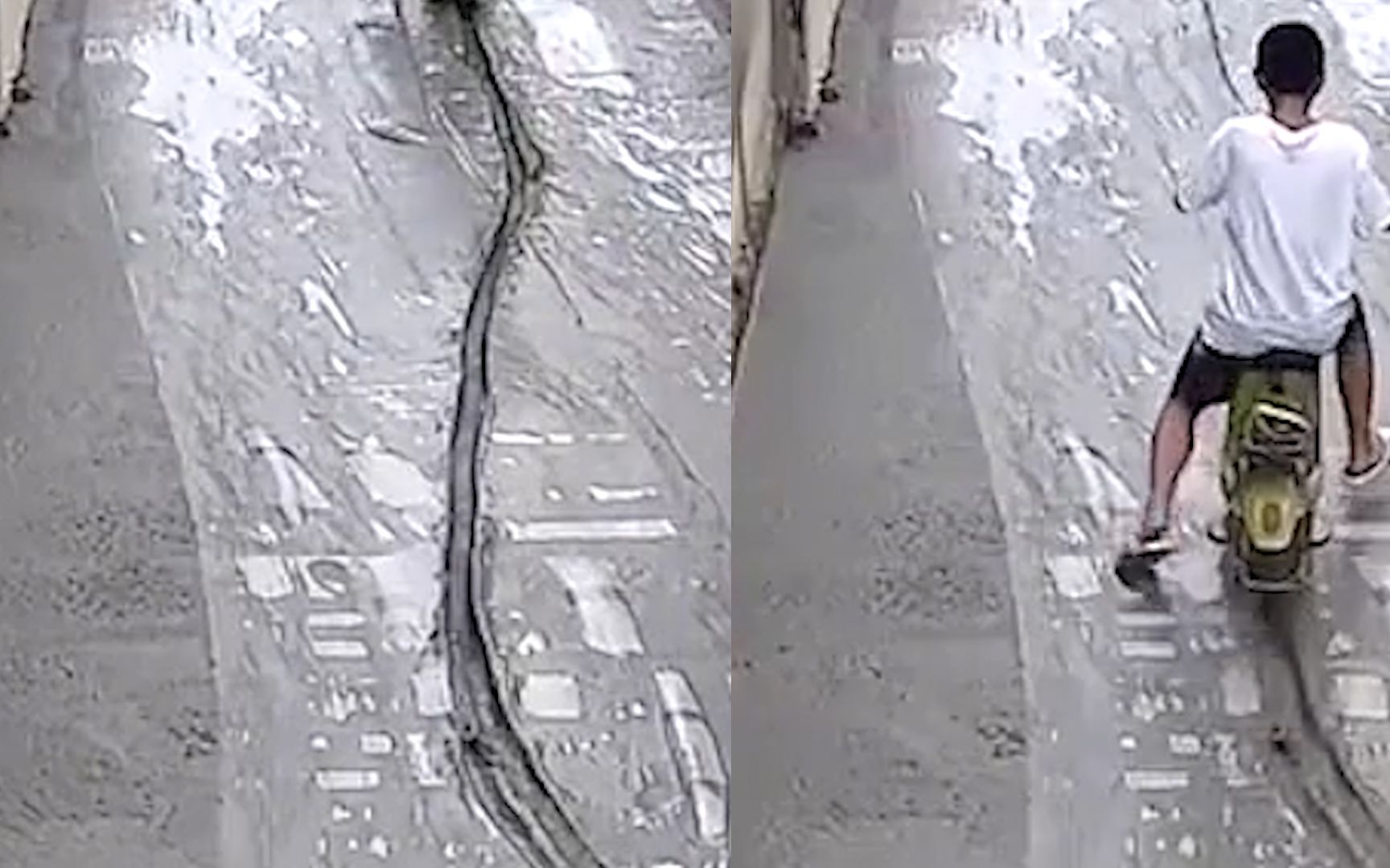 男子骑车误入未干水泥路,“强硬”通过破坏路面,留下深沟让网友炸锅