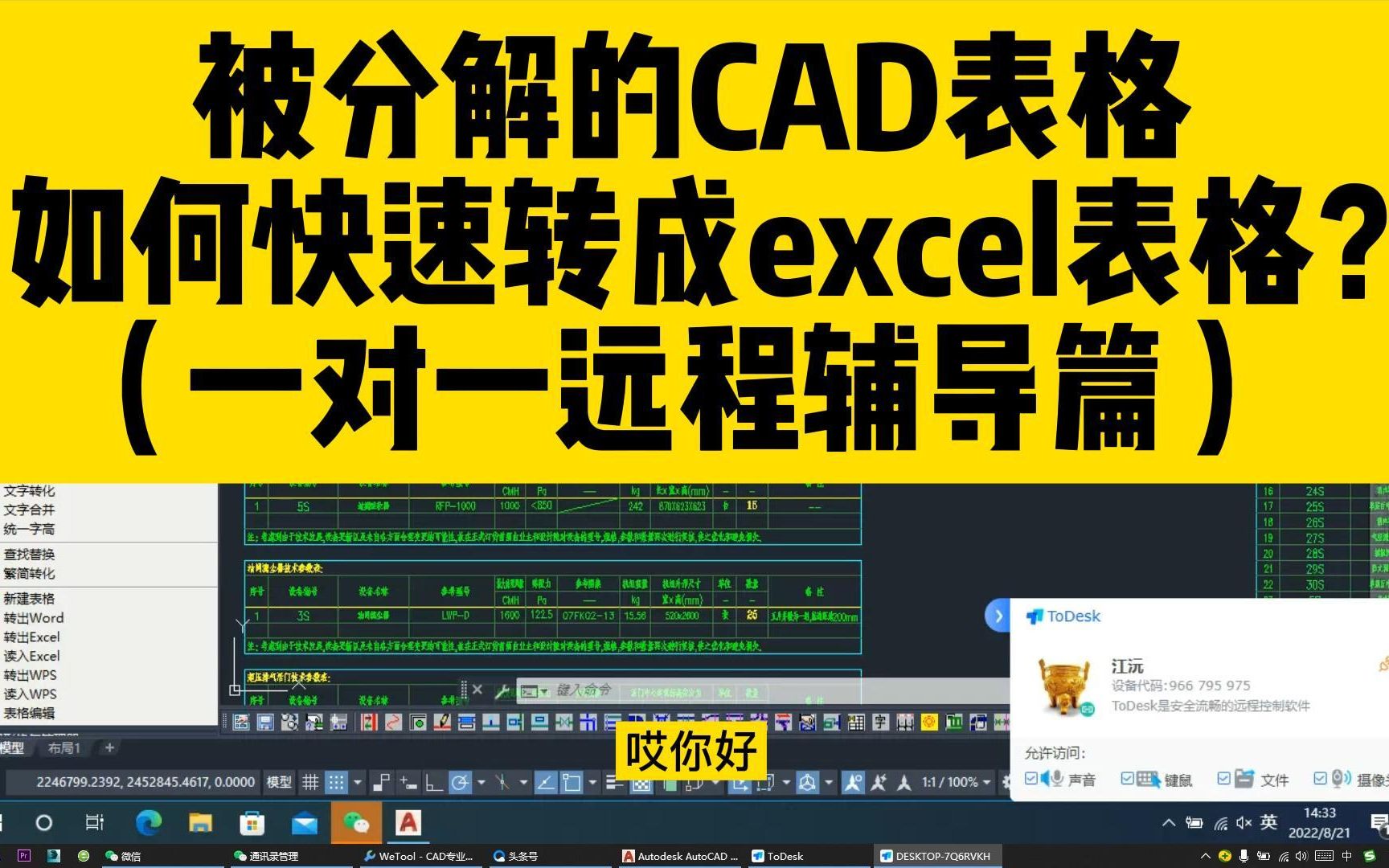 分解成线条的CAD表格,如何快速转成excel表格?一对一远程辅导篇