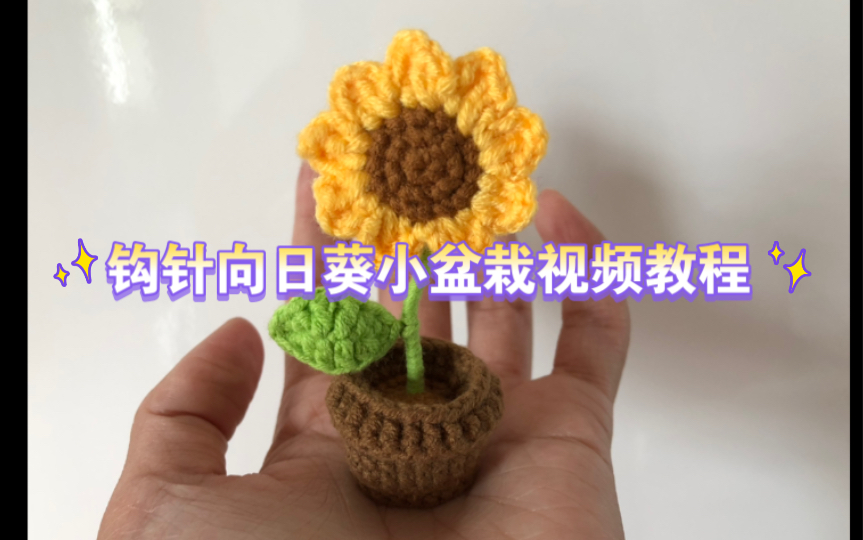 钩针向日葵小盆栽视频教程,迷你盆栽详细教程,掌心花,非常简单,新手也...
