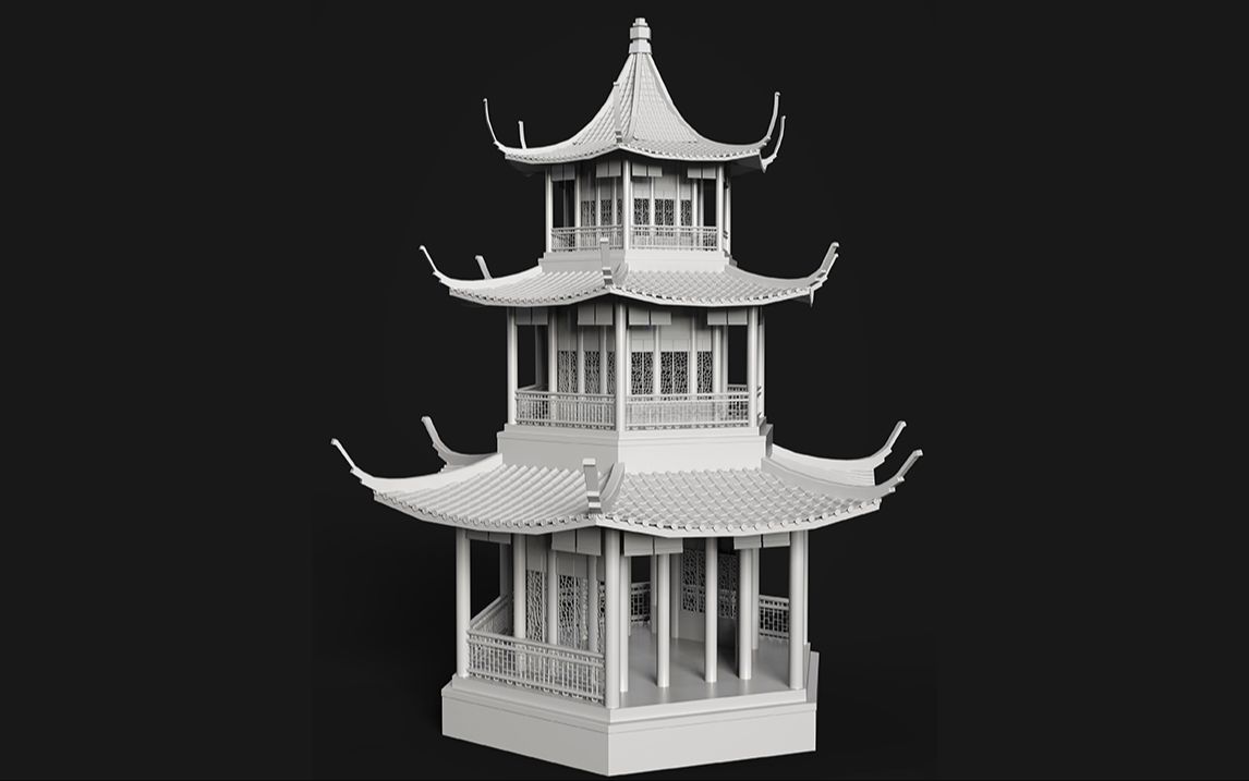 3dmax古风场景建筑模型建模思路 从拉box开始,简单场景模型快速布线...