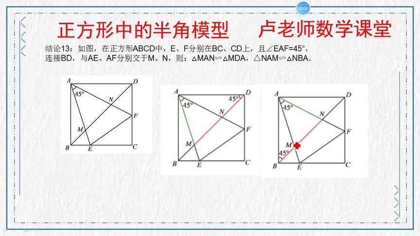 正方形中半角模型结论13:证明子母型△MAN∽△MDA,△NAM∽△NBA