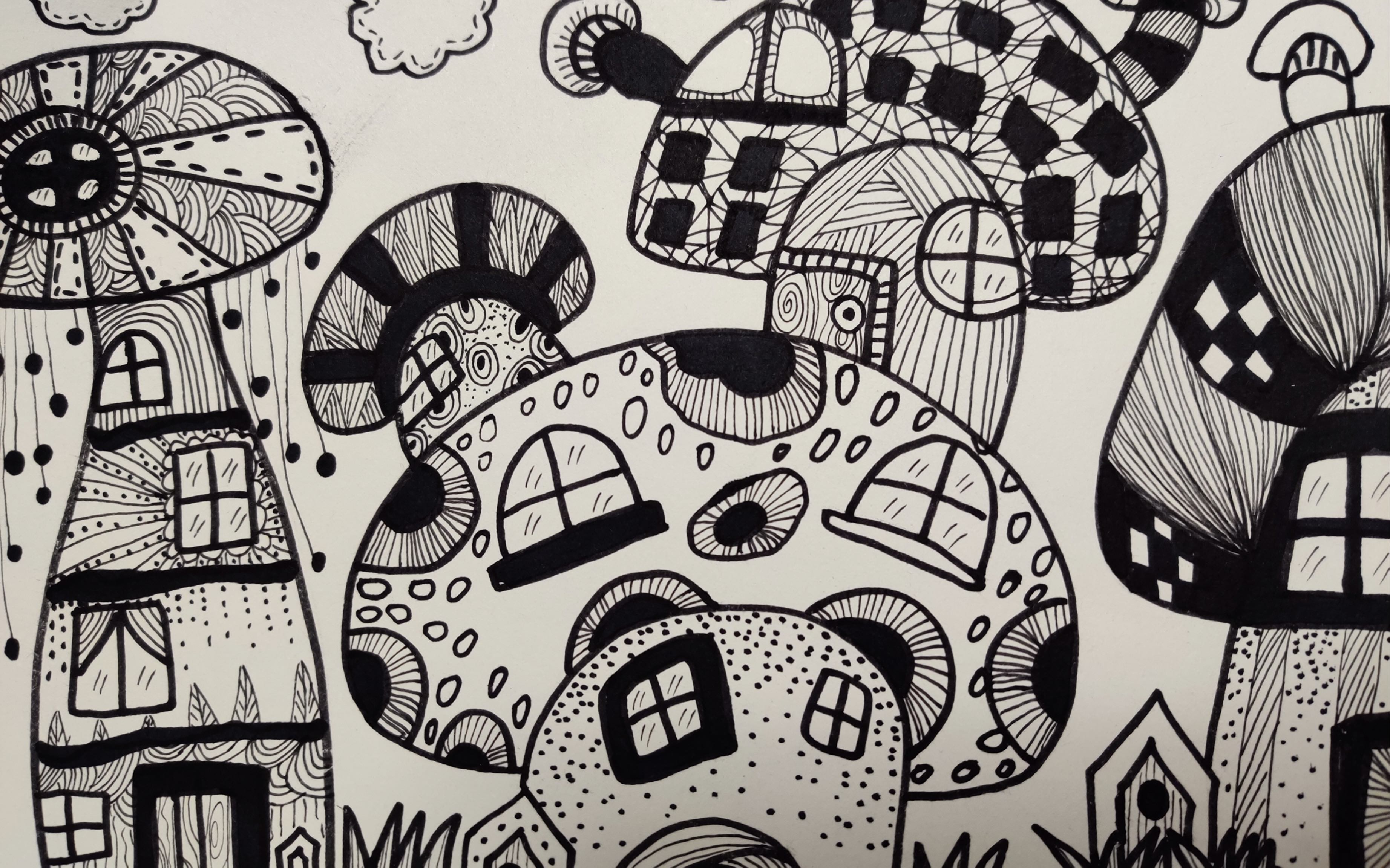 线描教程!奇妙的蘑菇～儿童创意画～黑白世界
