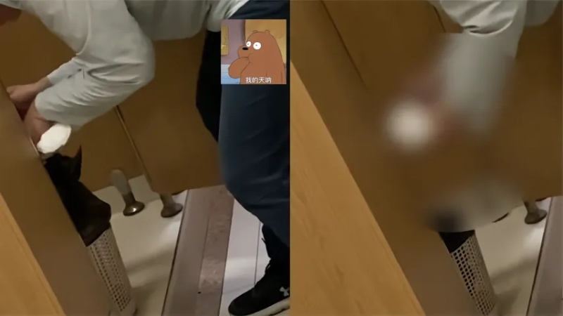 男子溜进女厕所弯腰翻垃圾桶,鬼鬼祟祟拿出一物,被撞见立马跑掉
