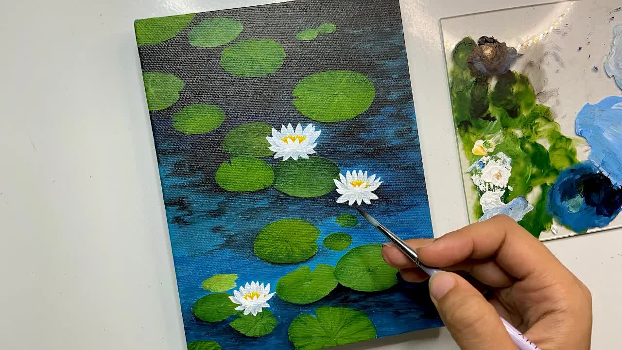 睡莲画容易/丙烯画教程/丙烯画教程一步一步--画画自学