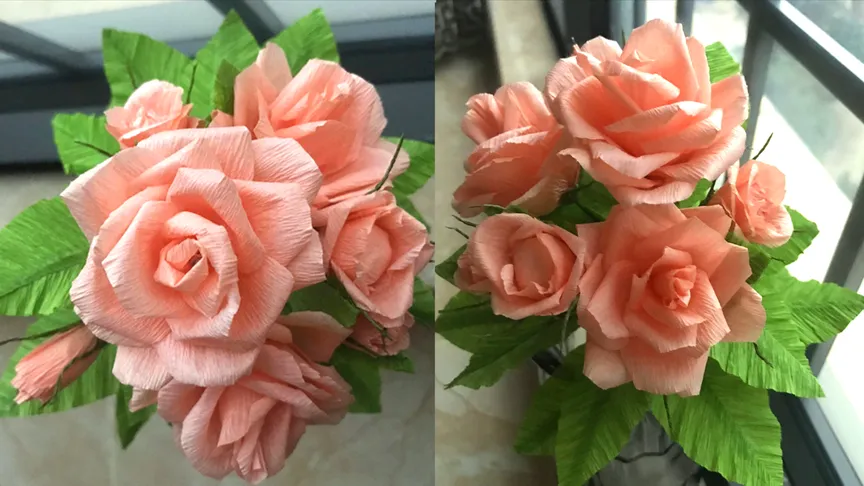 非常漂亮的皱纹纸玫瑰花,制作十分简单,折纸手工DIY家居装饰花