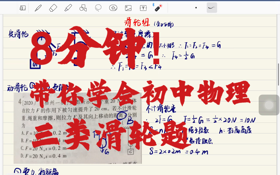 【初中物理】8分钟学会三类滑轮组题|受力分析|滑轮|定滑轮|动滑轮|多...