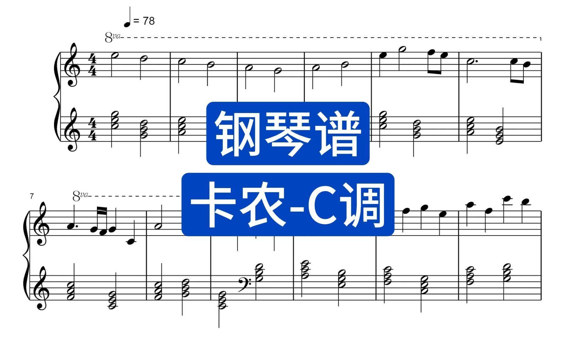 【钢琴谱】C调卡农-带指法五线谱,简谱下载在简介