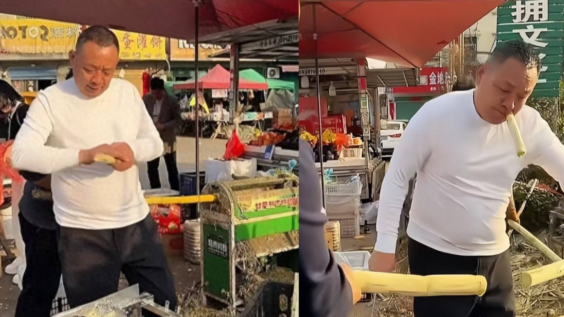 于东来退休后现身老家街头卖甘蔗,娴熟地削甘蔗,叫卖"削皮15元不削皮10元"