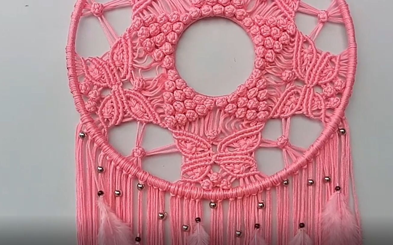 教程捕梦网蝴蝶羽毛挂毯编织macrame,粉粉的,好仙~