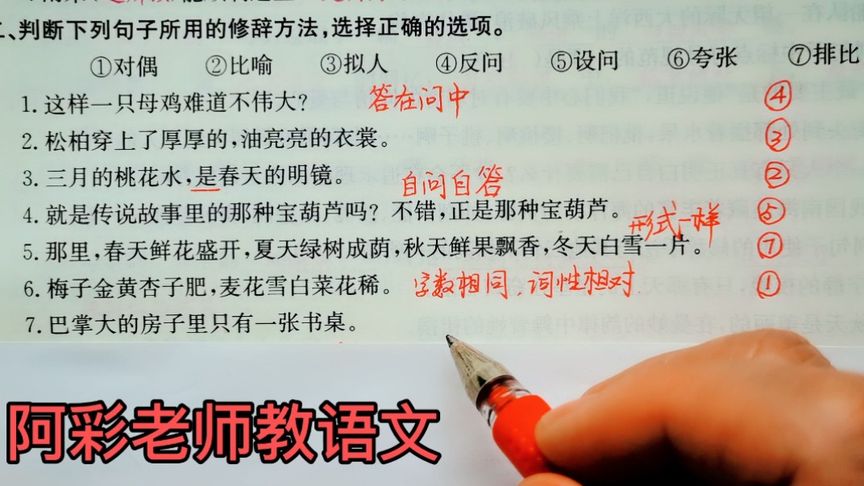小学语文中高年级修辞手法训练,介绍修辞特点,分辨选择无错误
