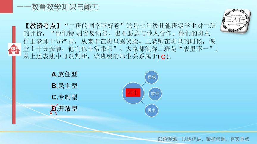 教资每日一题丨师生关系的三种类型:民主、放任、专制