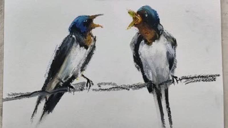 油画棒画两只鸟,艺术性很强,手法太娴熟了