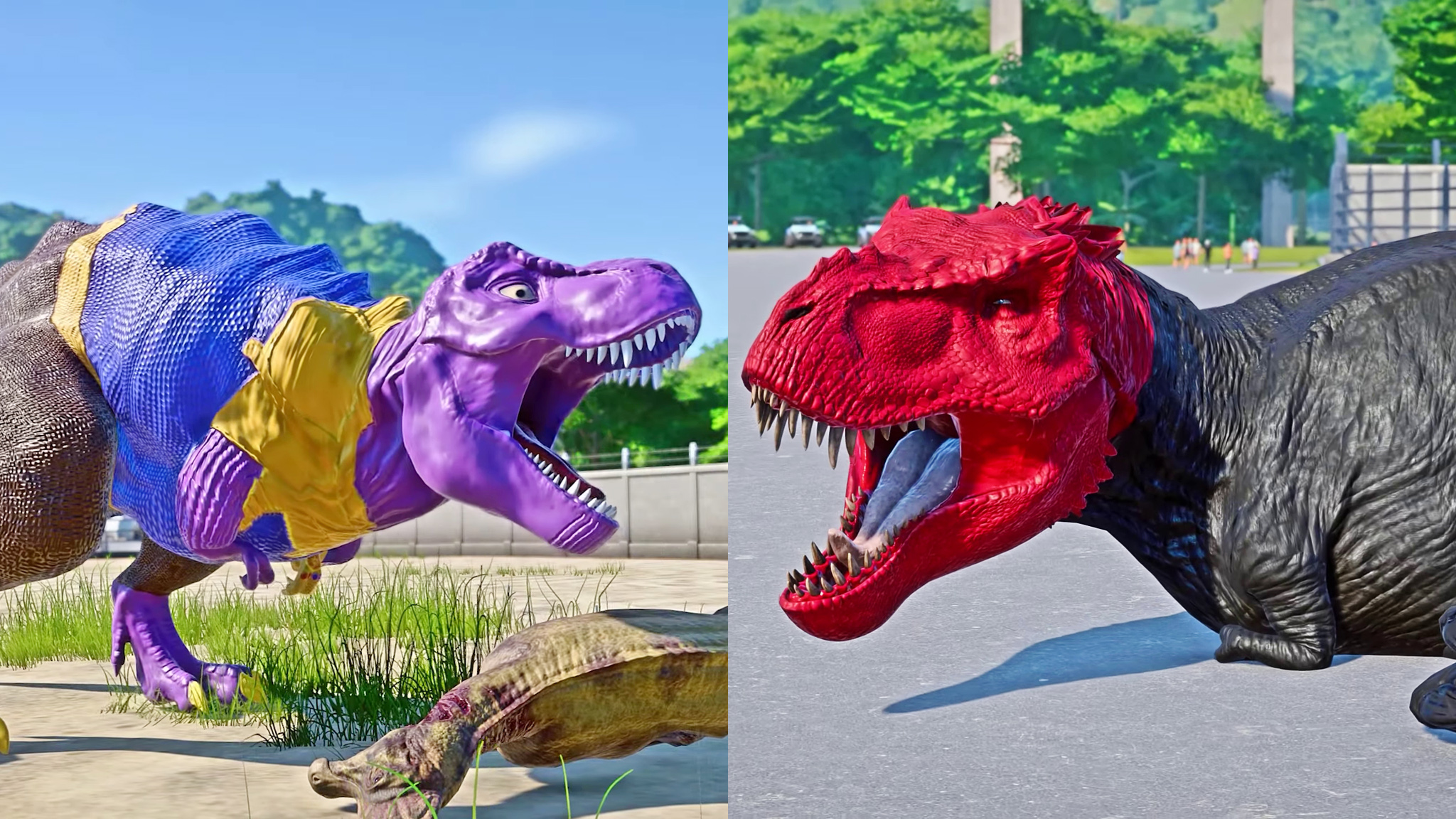 “红骷髅”霸王龙(恐龙王朝)VS 巨魔霸王龙 ~ 侏罗纪世界进化_哔哩...