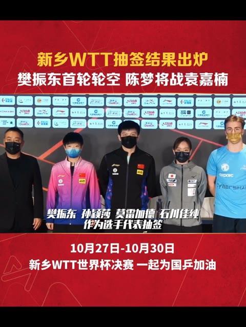 新乡WTT抽签结果出炉!樊振东首轮轮空,王楚钦遇邱党,陈梦首轮将战袁.