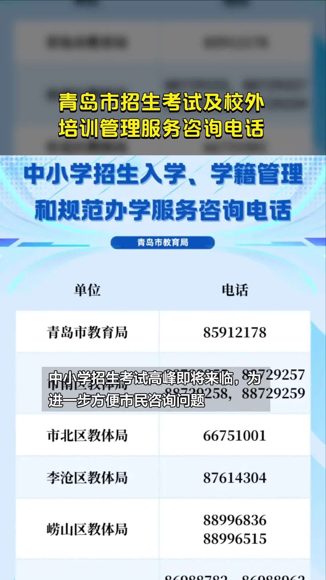青岛市招生考试及校外培训管理服务咨询电话