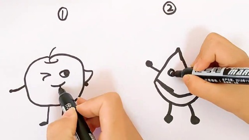 和妹妹比赛画水果,苹果简笔画,西瓜简笔画,亲子画,创意简笔画