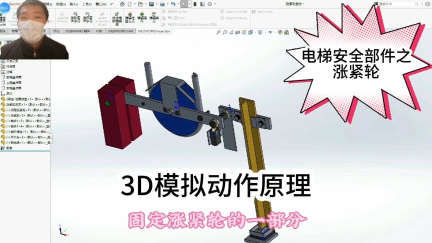 3D模拟,电梯安全部件涨紧轮,讲一下动作原理。