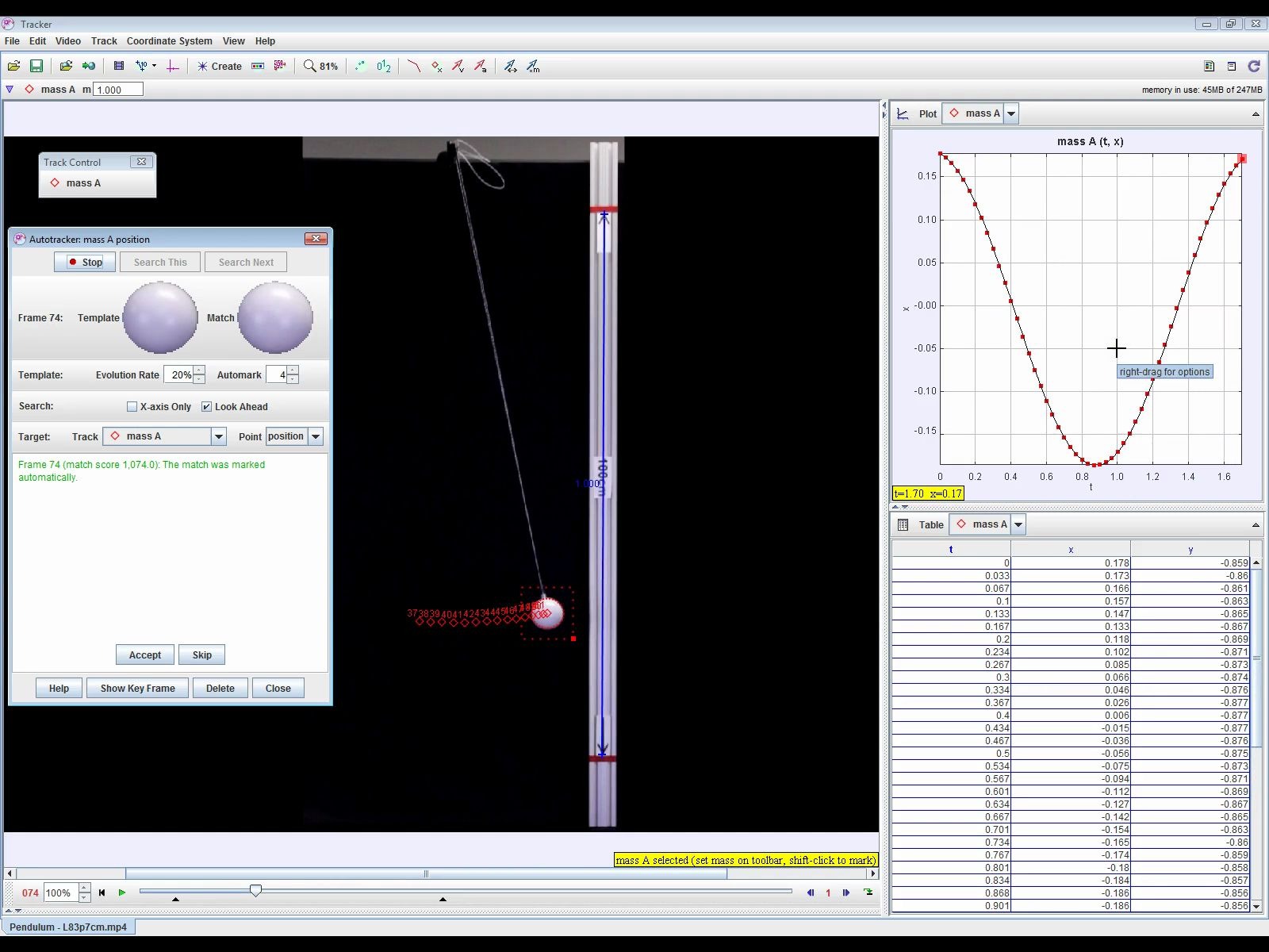 利用Tracker软件分析单摆实验视频测重力加速度
