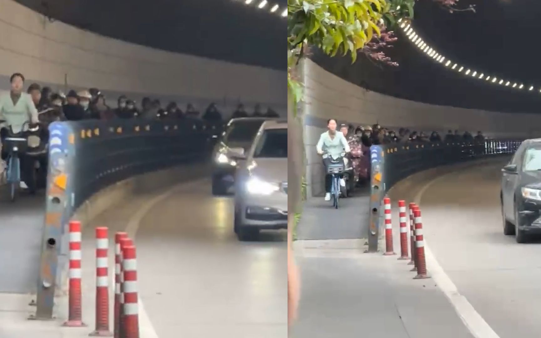 女子骑自行车通过狭窄路段,后面跟着长排电瓶车:已经用劲在踩了