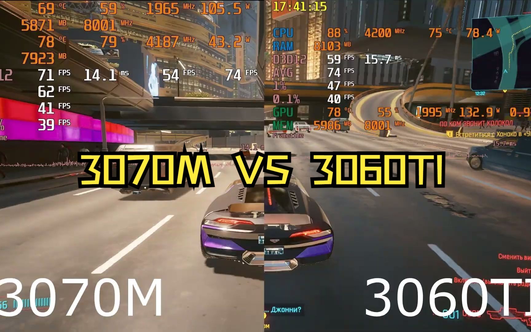 【油管搬运】RTX3070m(移动端)vsRTX3060TI(桌面端)|赛博朋克2077 ...
