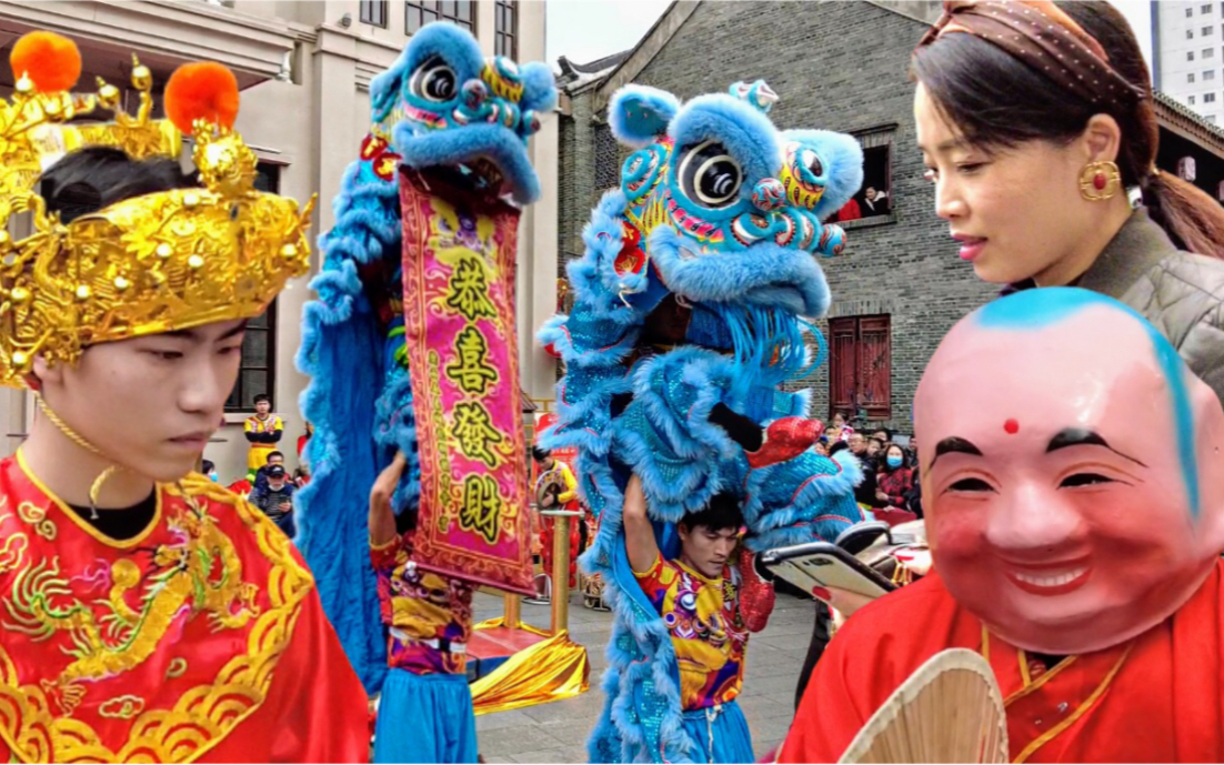 南宁春节街头舞狮子,人山人海,场面壮观