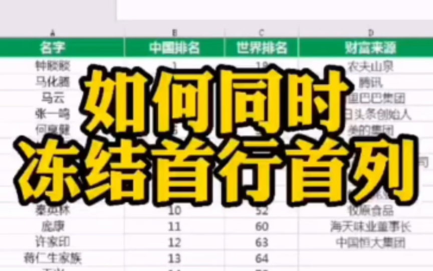 教你如何同时冻结首行和首列 如何同时冻结Excel表格中的首行和首列#...