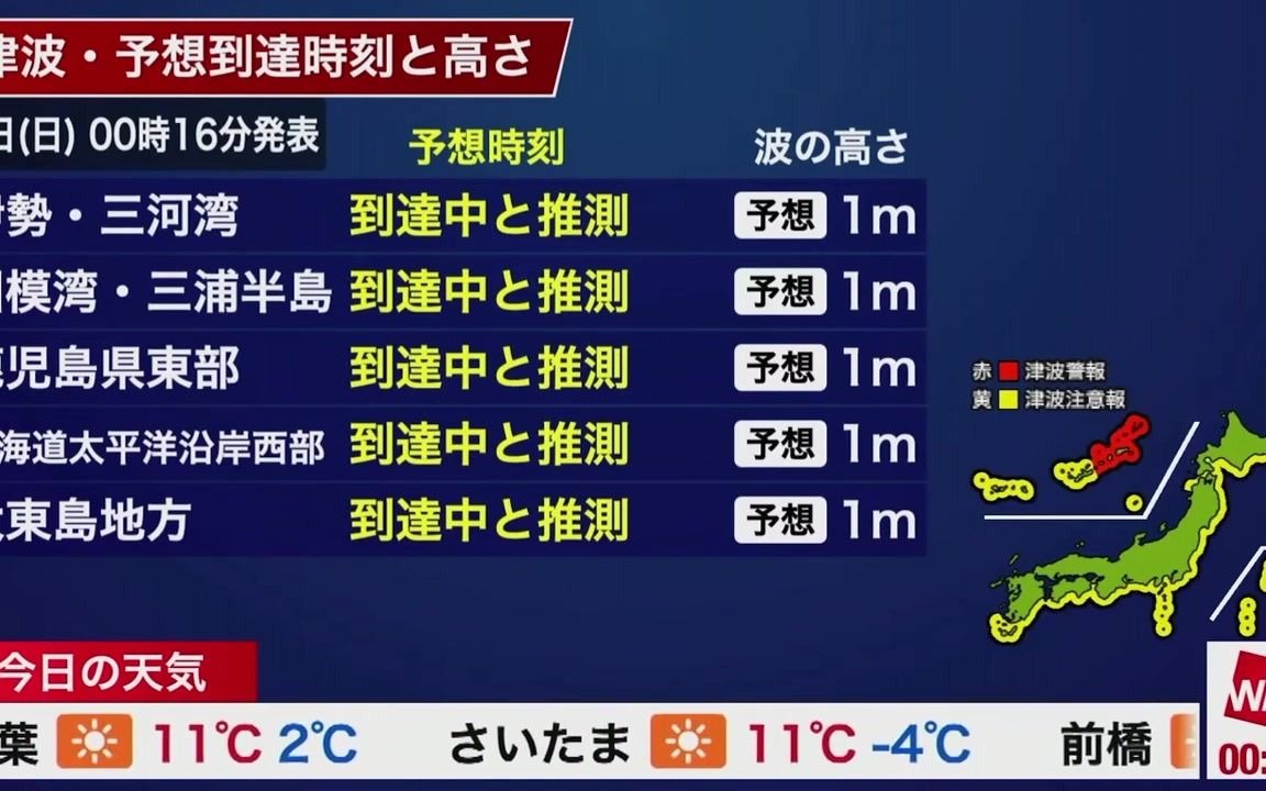 【津波警報/WNI】 2022/01/16 00:16 汤加諸島で大規模火山噴火
