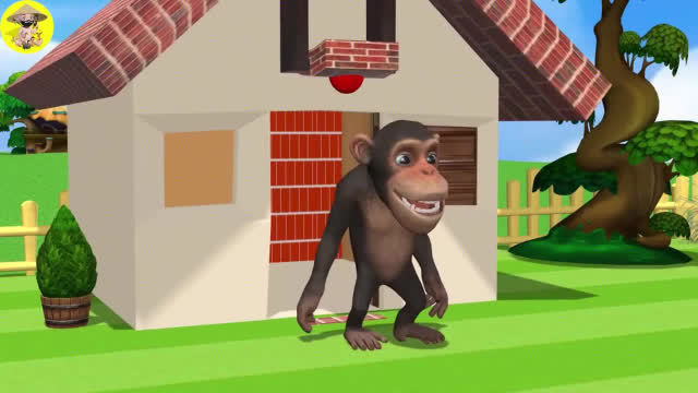 小猴子给树苗浇水,树苗茁壮成长,长成大树并且结出果实咯