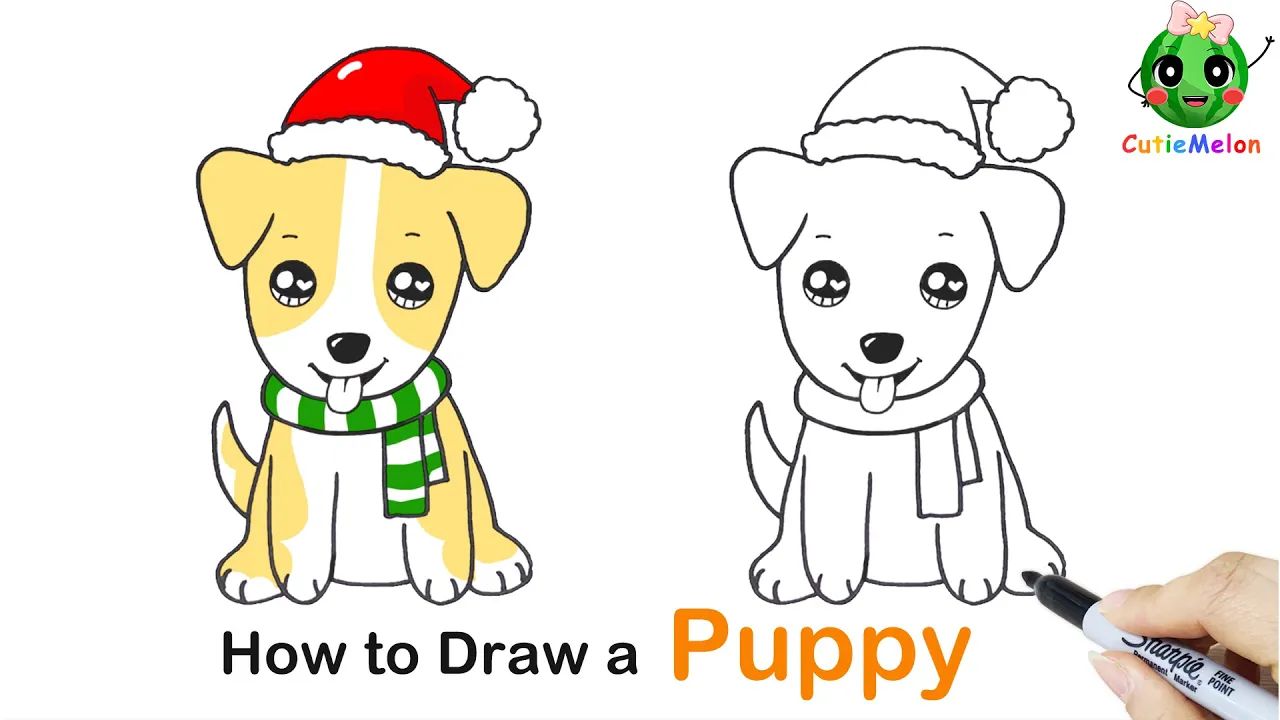 ...To Draw A Funny Christmas Puppy|Christmas Arts| Easy Drawings for ki
