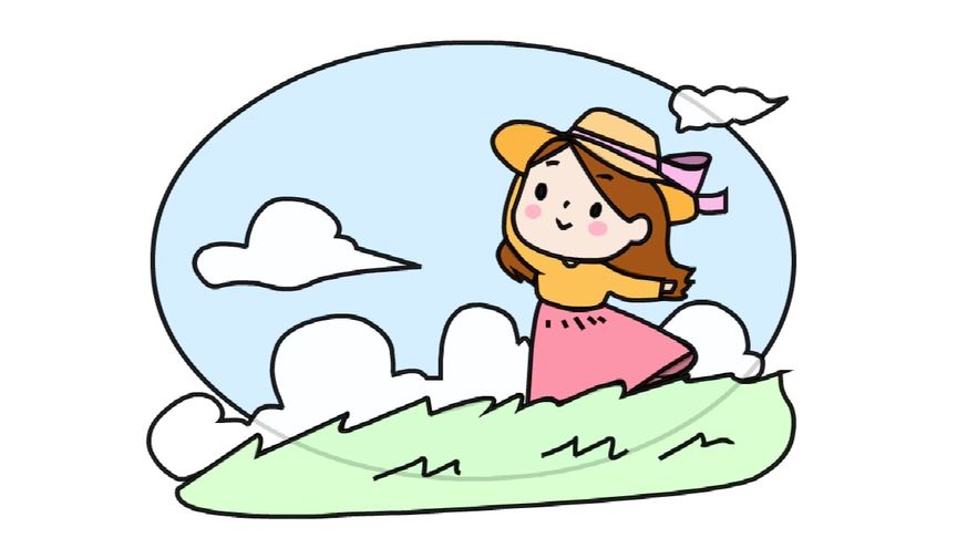 在田野上玩耍的小女孩子秋天的风景简笔画教程儿童学画画美术课堂