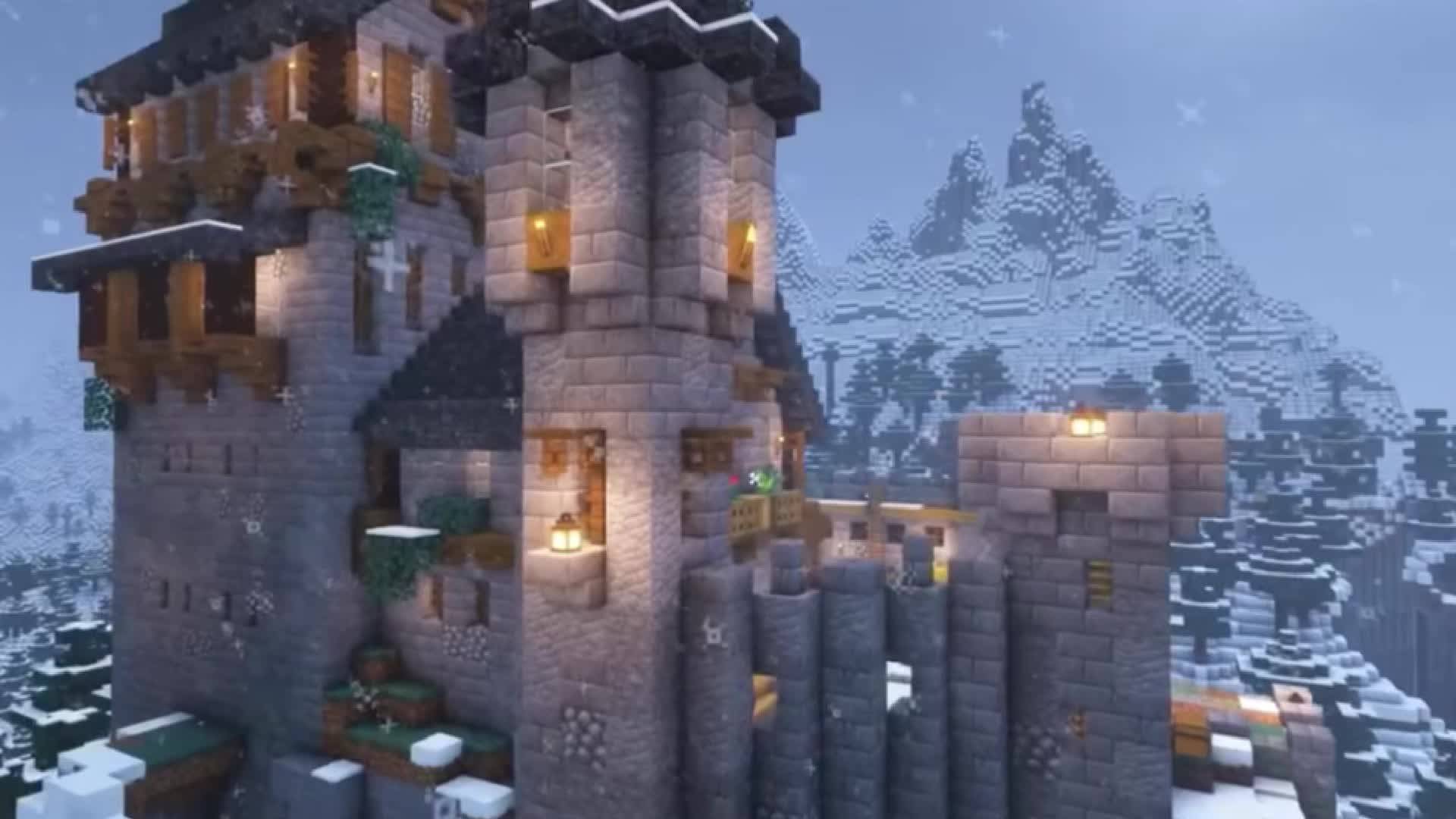 《我的世界》暴雪中的中世纪城堡,冰雪与石墙的史诗交响!