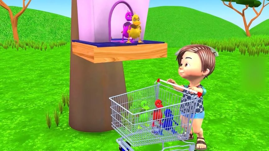 趣味早教动画,小男孩手推车推5只小鸭子去游泳,童谣儿歌!