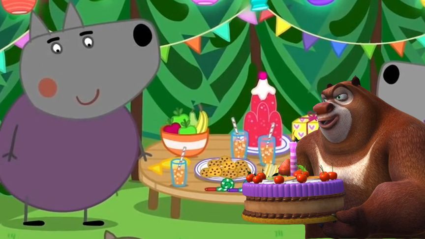 熊出没 熊大带来生日蛋糕,庆祝狼爸爸的生日 小猪佩奇简笔画