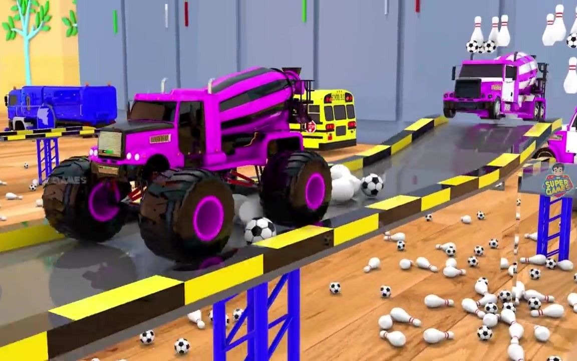 工程车动画片 各种工程车过天桥 颜色教育动画片