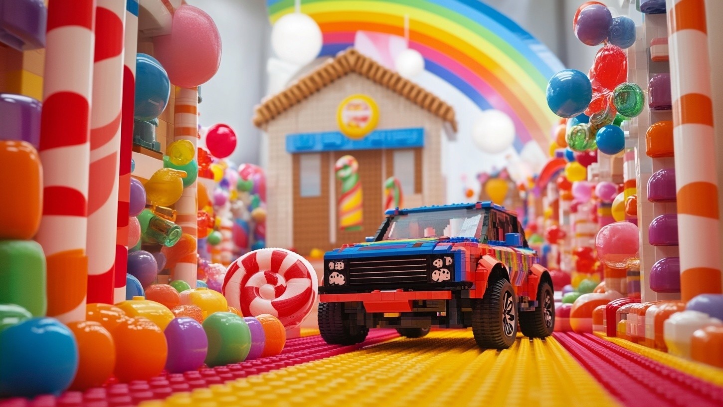 玩具汽车沿着积木道路向前开动