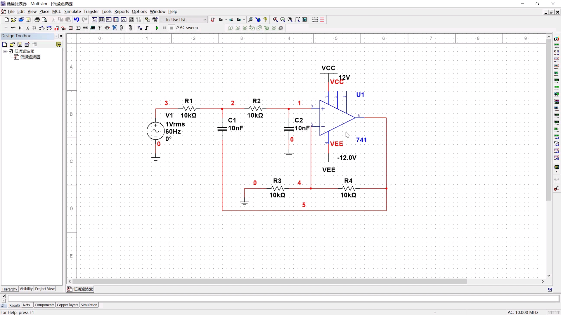 低通有源滤波器模电仿真MUTISIUM