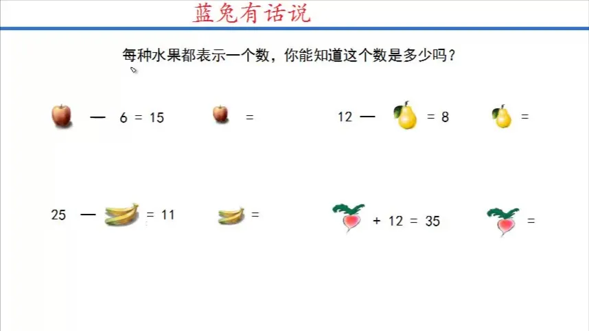 一年级数学,每种水果代表一个数,你知道它们分别代表多少吗