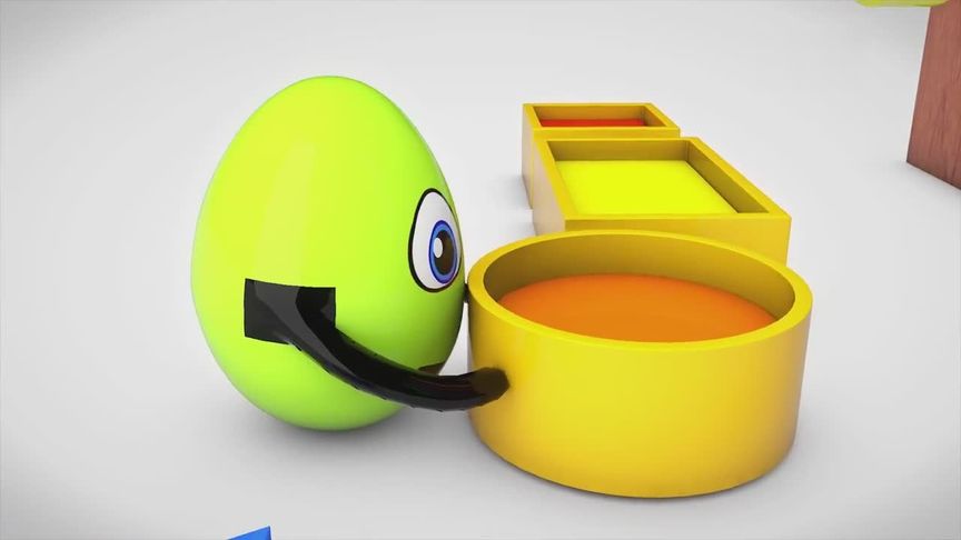 益智动画英语早教,3D奇趣蛋宝宝用木头盒子装颜料制作形状积木