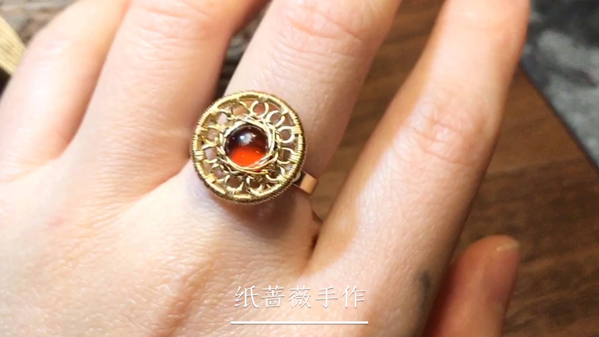 石榴石线盘式珍珠绕线手作戒指