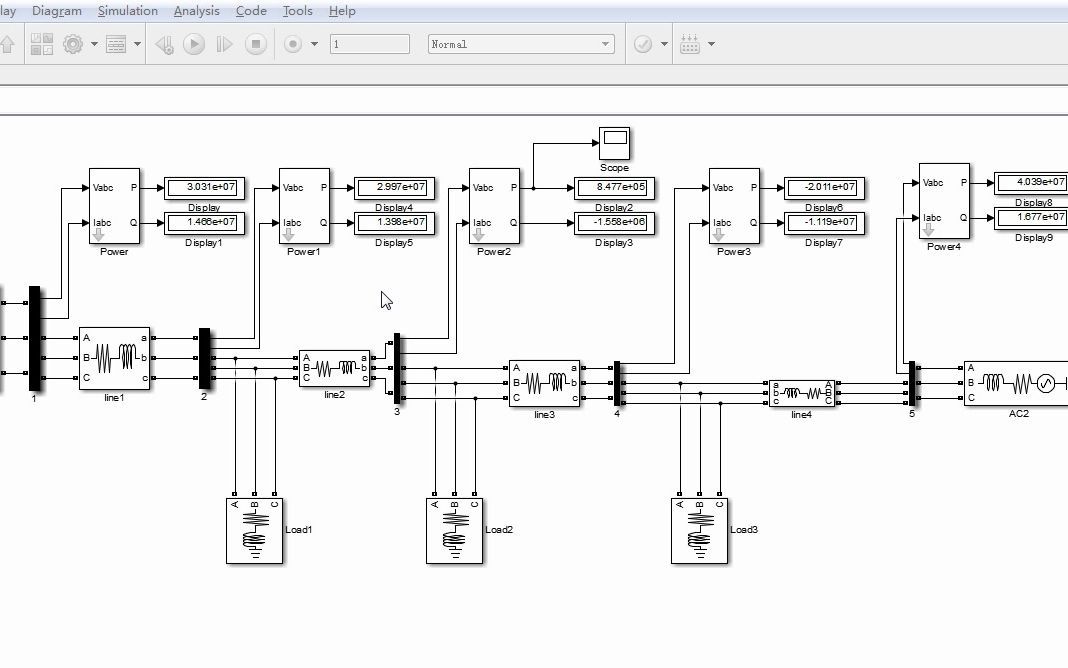 双端供电五节点的电力系统潮流计算的simulink仿真模型