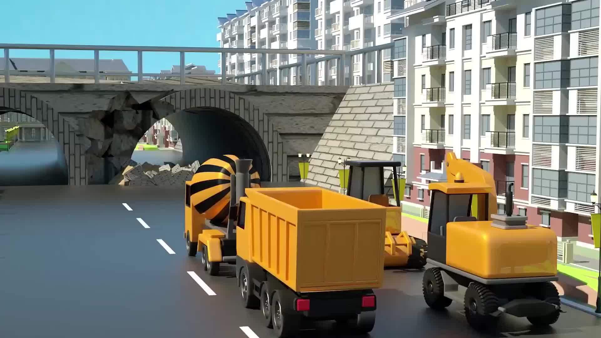 挖掘机、工程车维修桥梁并换新的颜色,工程车益智动画