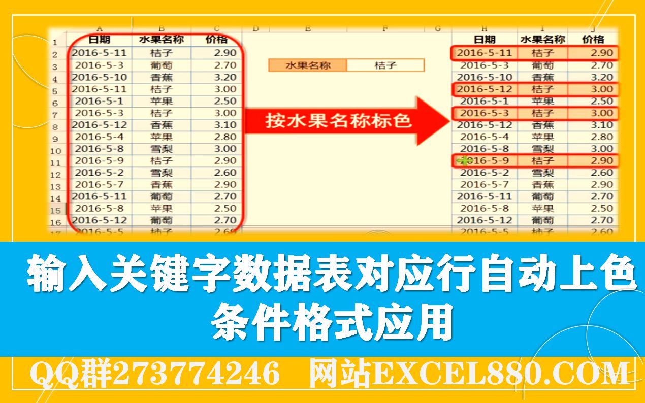 EXCEL中输入关键字后数据表对应行自动上色(条件格式应用)
