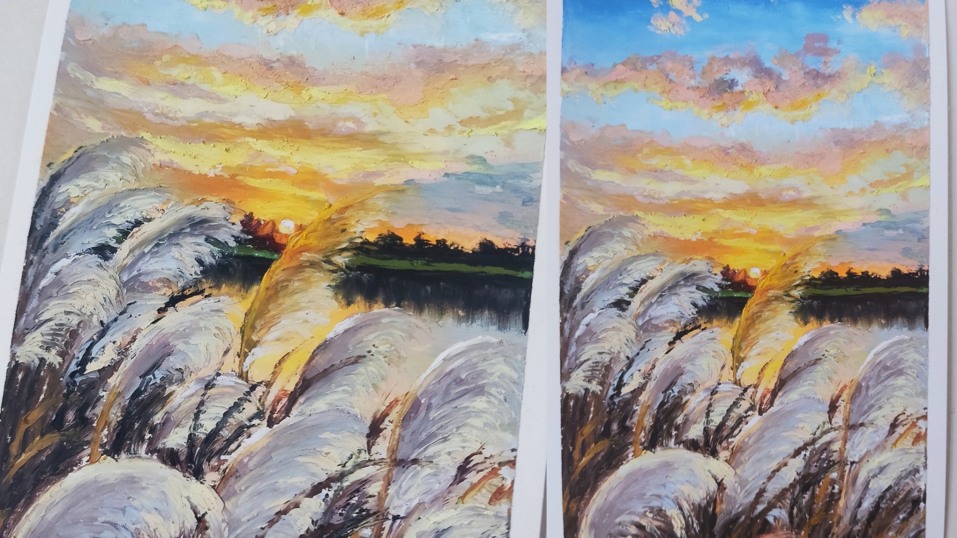 夕阳下的湖边芦苇荡–油画棒绘制过程分享