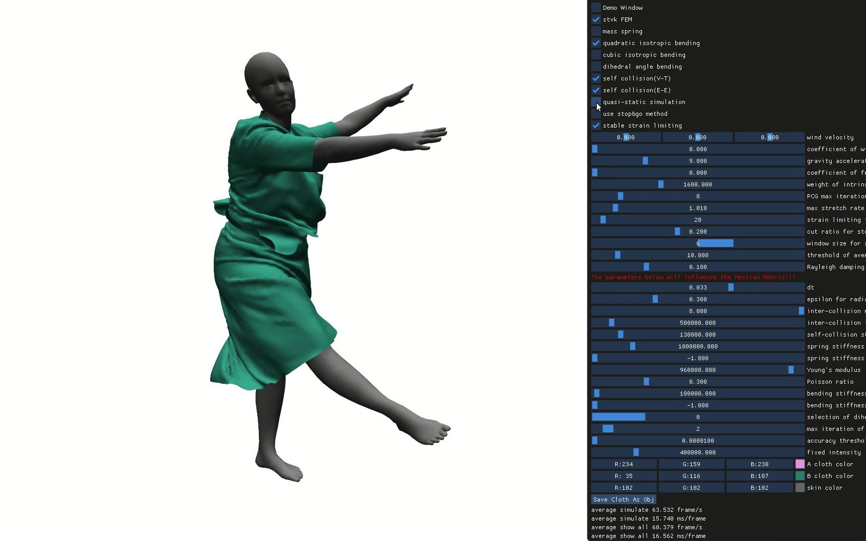 一个实时的服装模拟demo,多层布料,在大幅度高速运动人体上模拟达到...