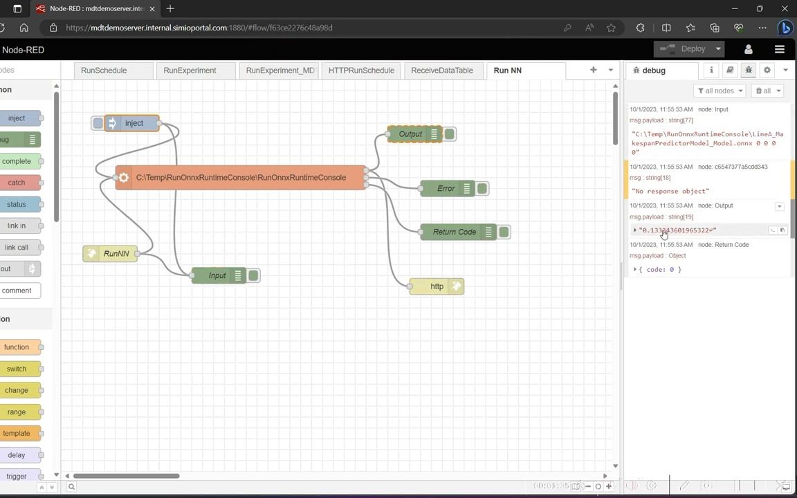 Simio训练的人工智能ONNX模型在流编辑器Node-RED环境运行WEB...