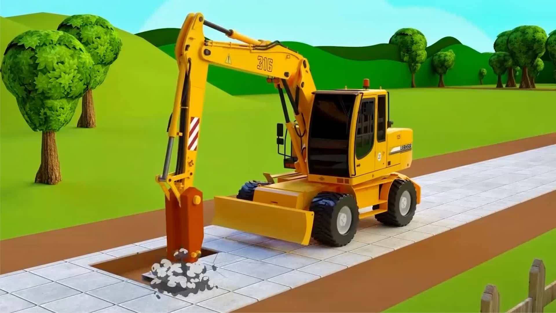 工程车队维修损坏的水管,儿童早教益智动画